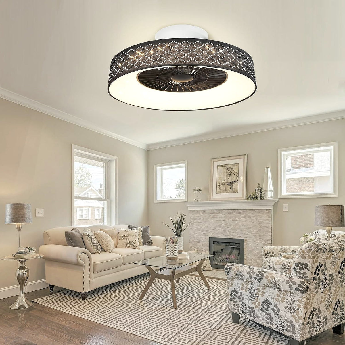 Depuley WS-FPZ11-40C 22" Black Flush Mount Ceiling Fan with Light and ...