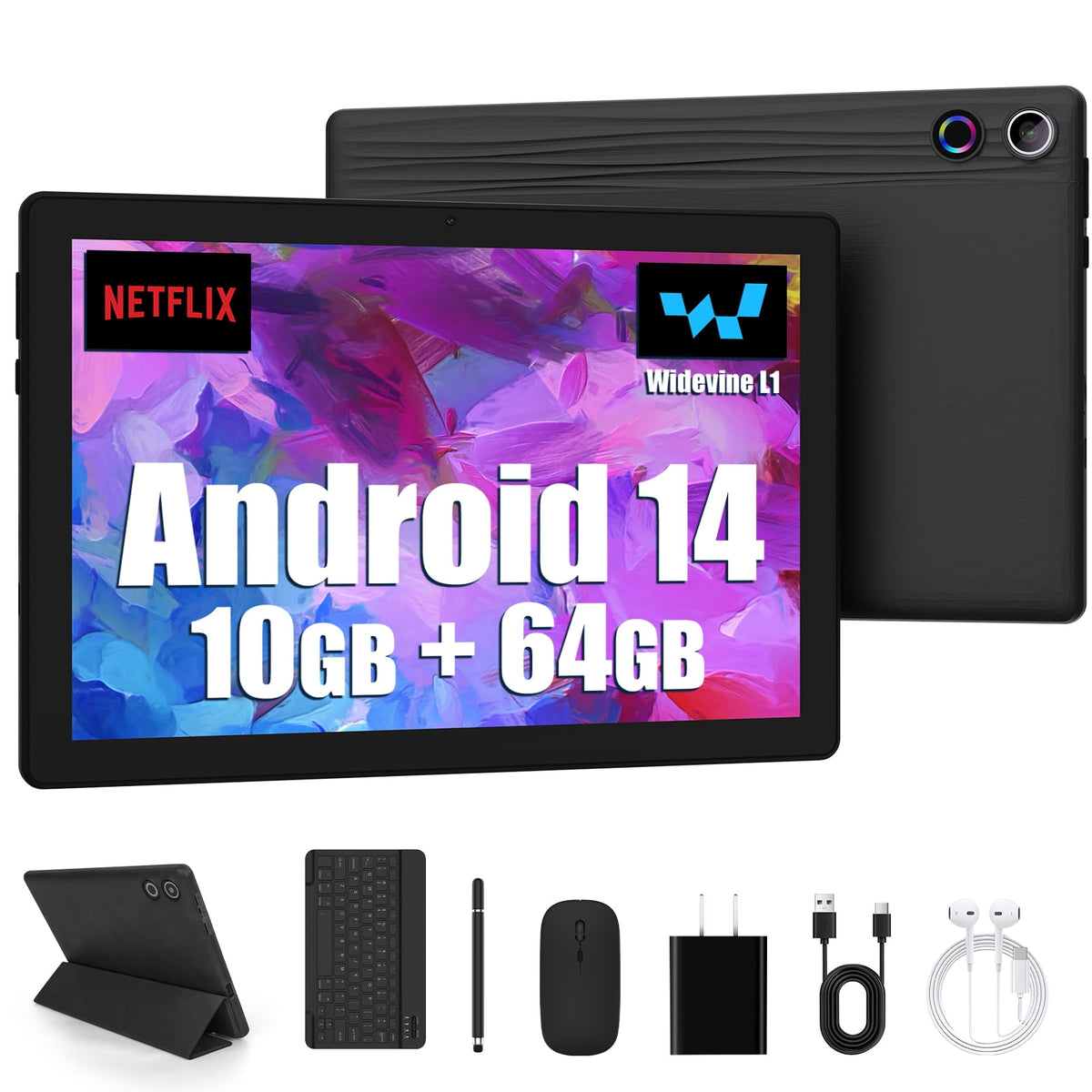 AEEZO A10L-BKH Android 14 10 Inch Tablet with Case, 10GB RAM, 64GB Sto ...