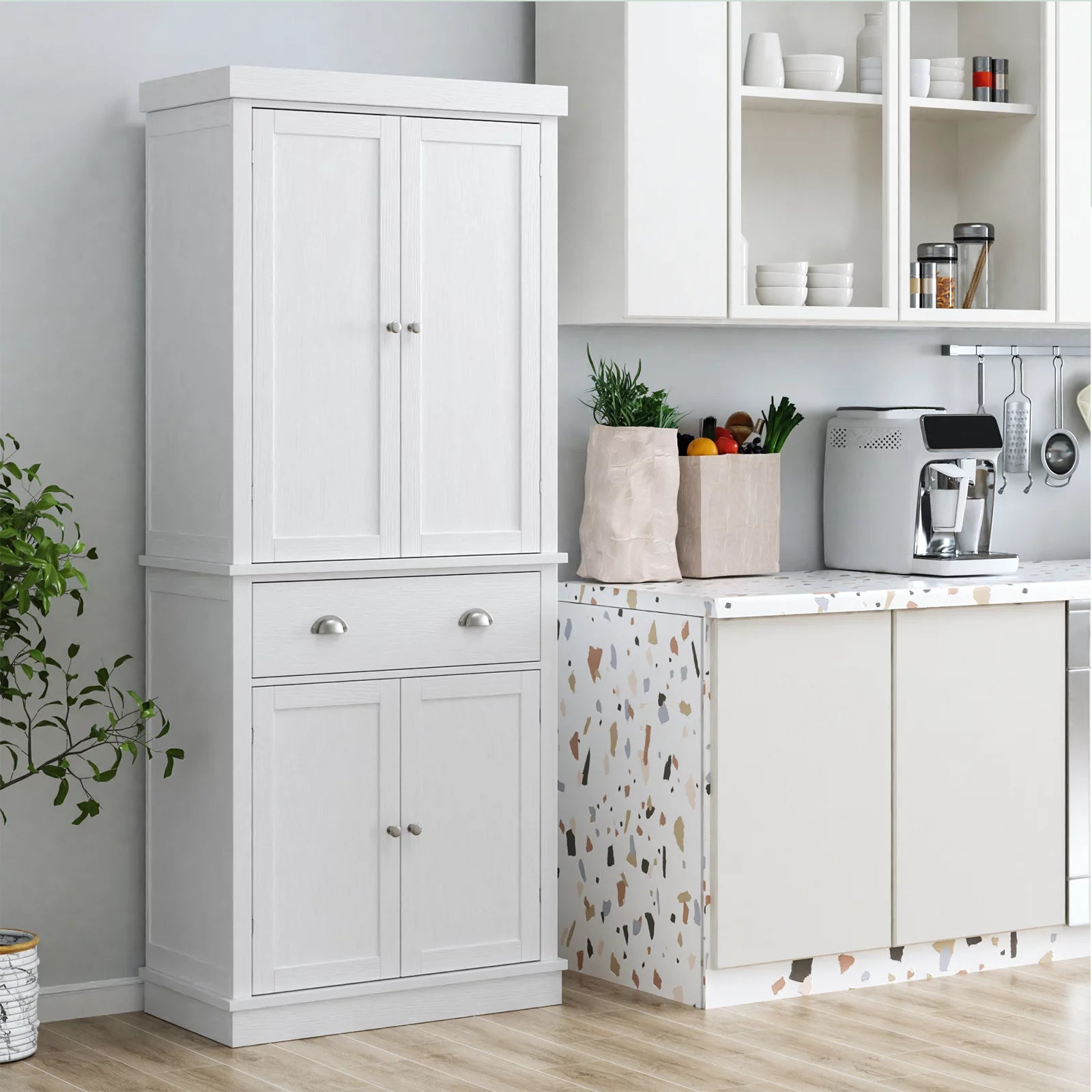 Homfa 72.4'' Tall Kitchen Pantry with 4 Doors, Large Drawer Storage Ca ...