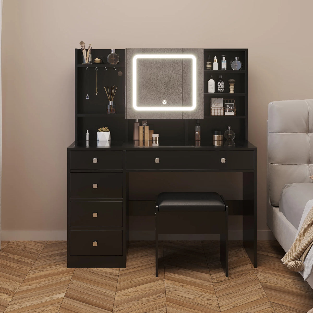 Ktaxon Color Lights Drawers Charging Station Vanity Desk Table Set, Bl ...