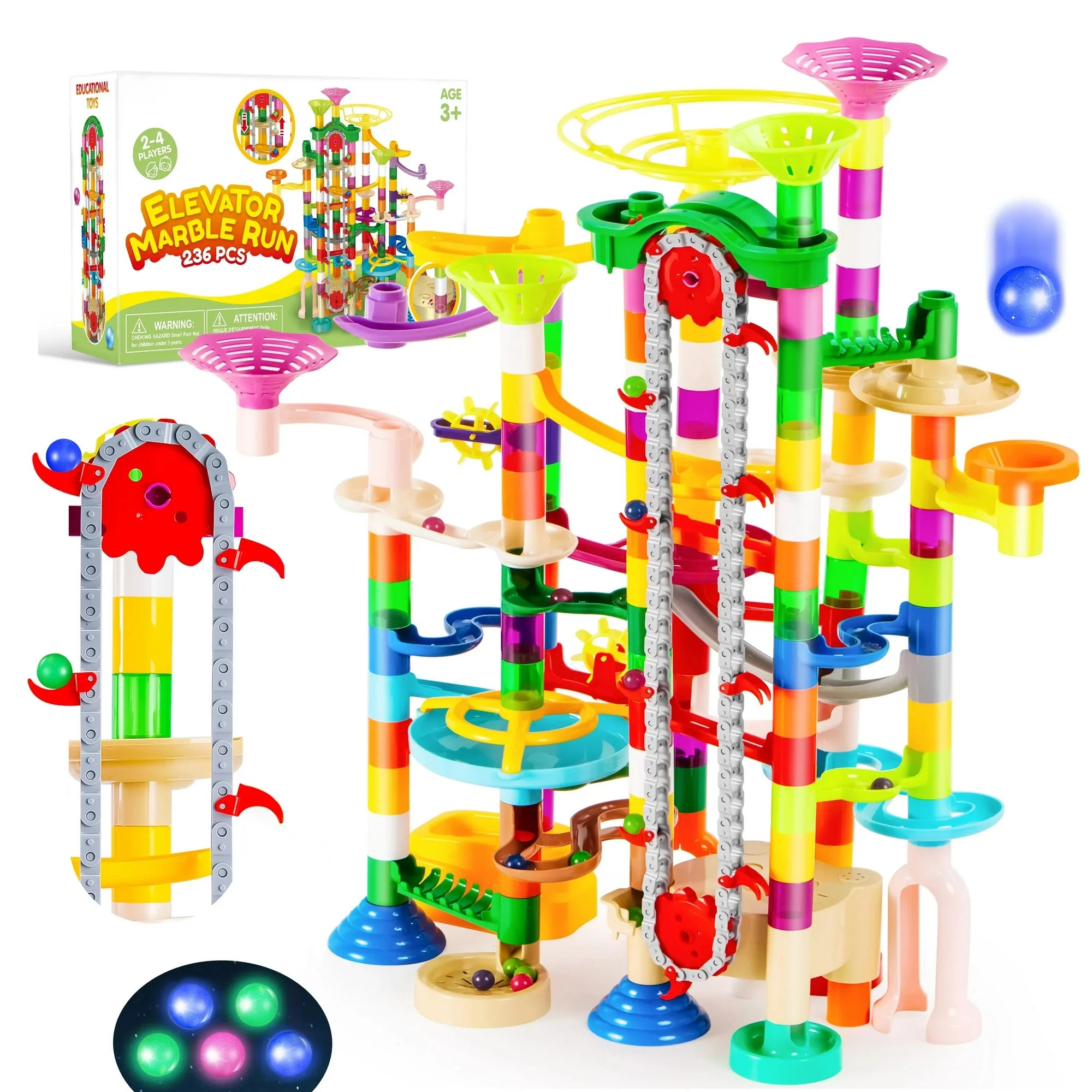 SYNCFUN 236 Pcs Glowing Marble Run with Motorized Elevator, Constructi ...