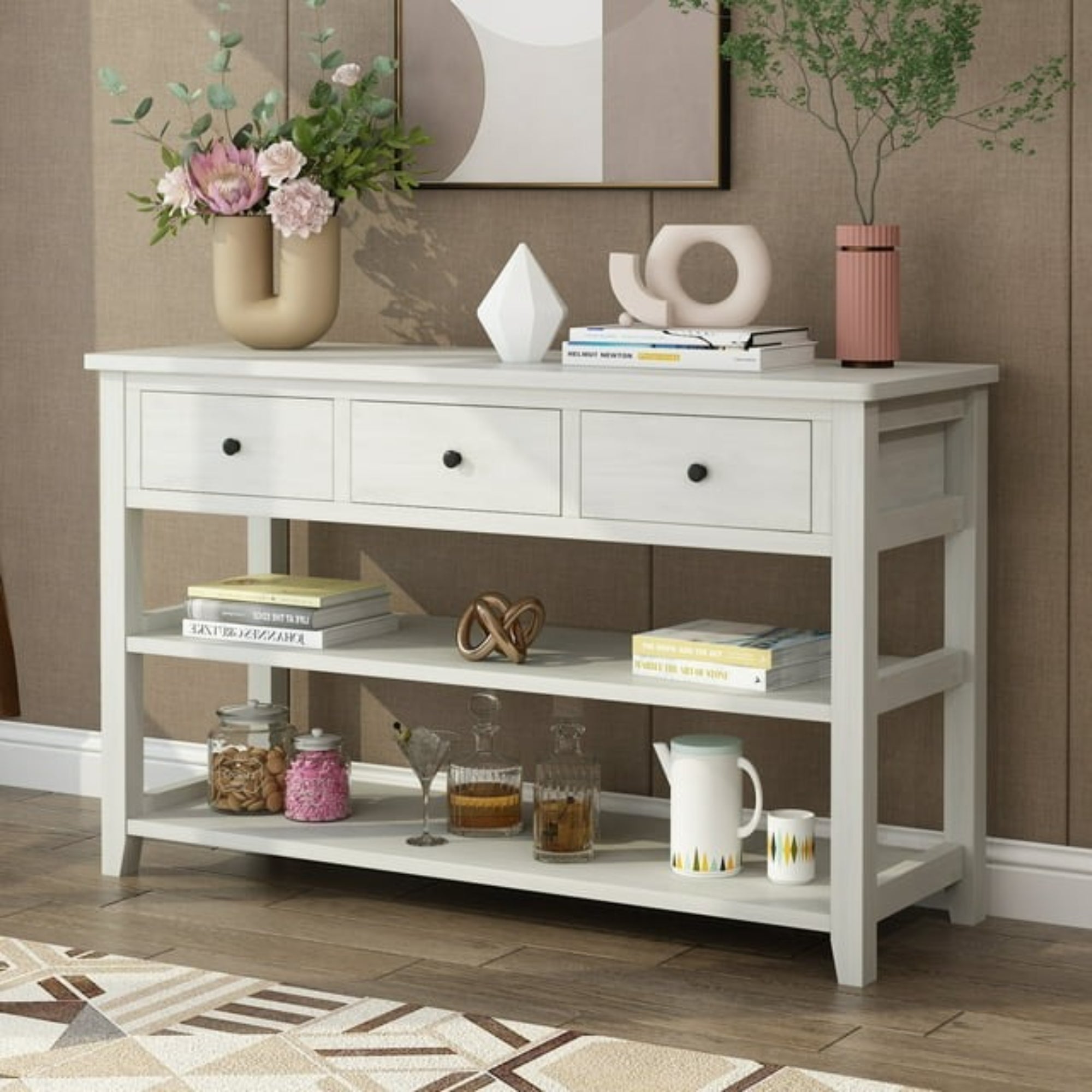 Ktaxon 3-Tier Wood Console Table with 3 Drawers and Shelves, White - D ...