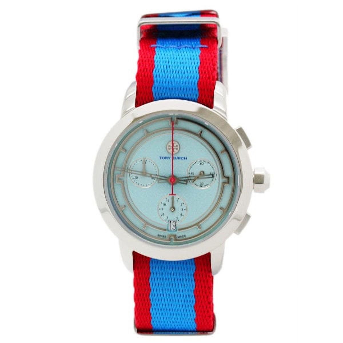 Tory Burch TRB1018 Women's Chronograph Silver Tone Blue Dial Nylon Str ...