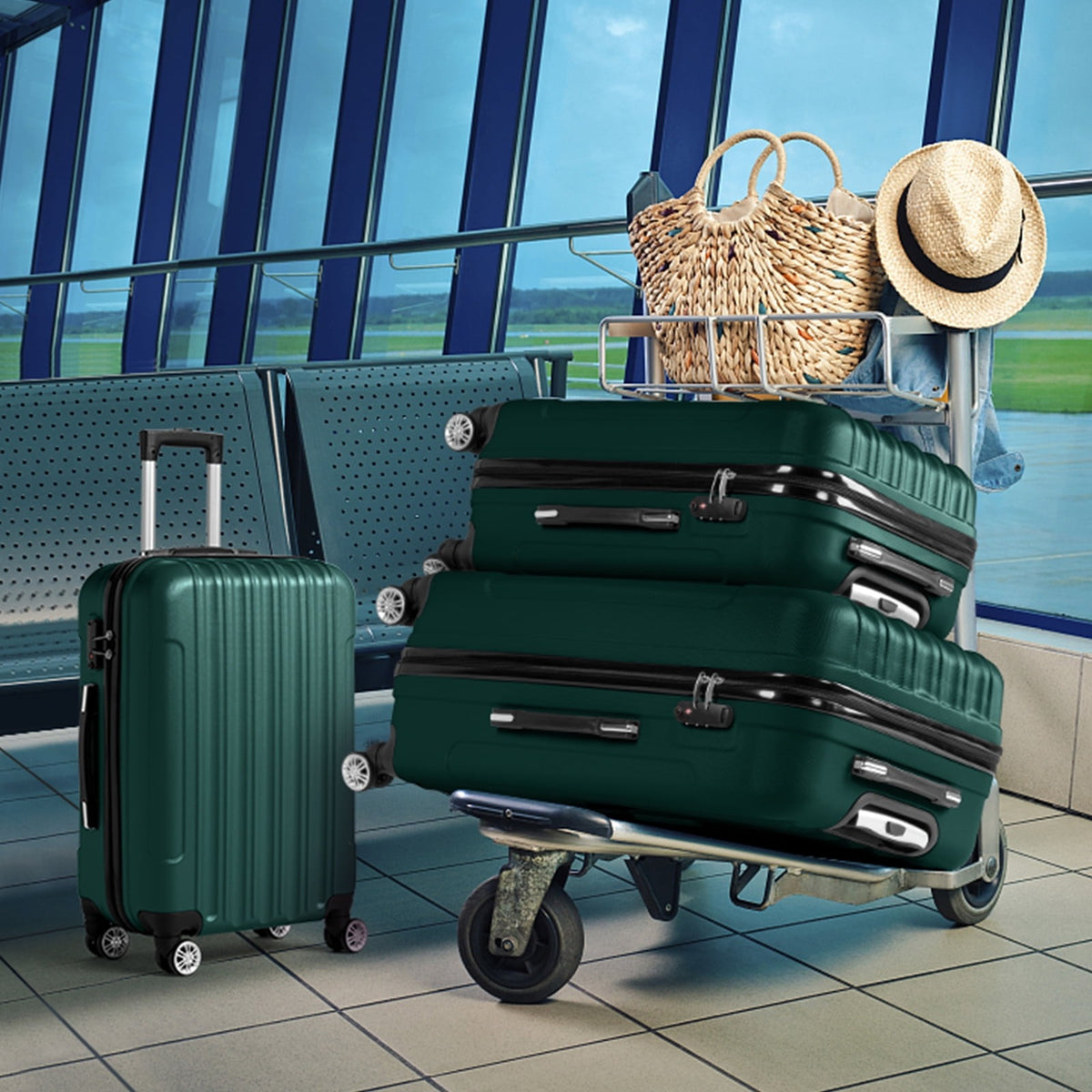 UBesGoo 3PCS Green Luggage Travel Set Hard Shell Suitcase w/TSA lock C ...