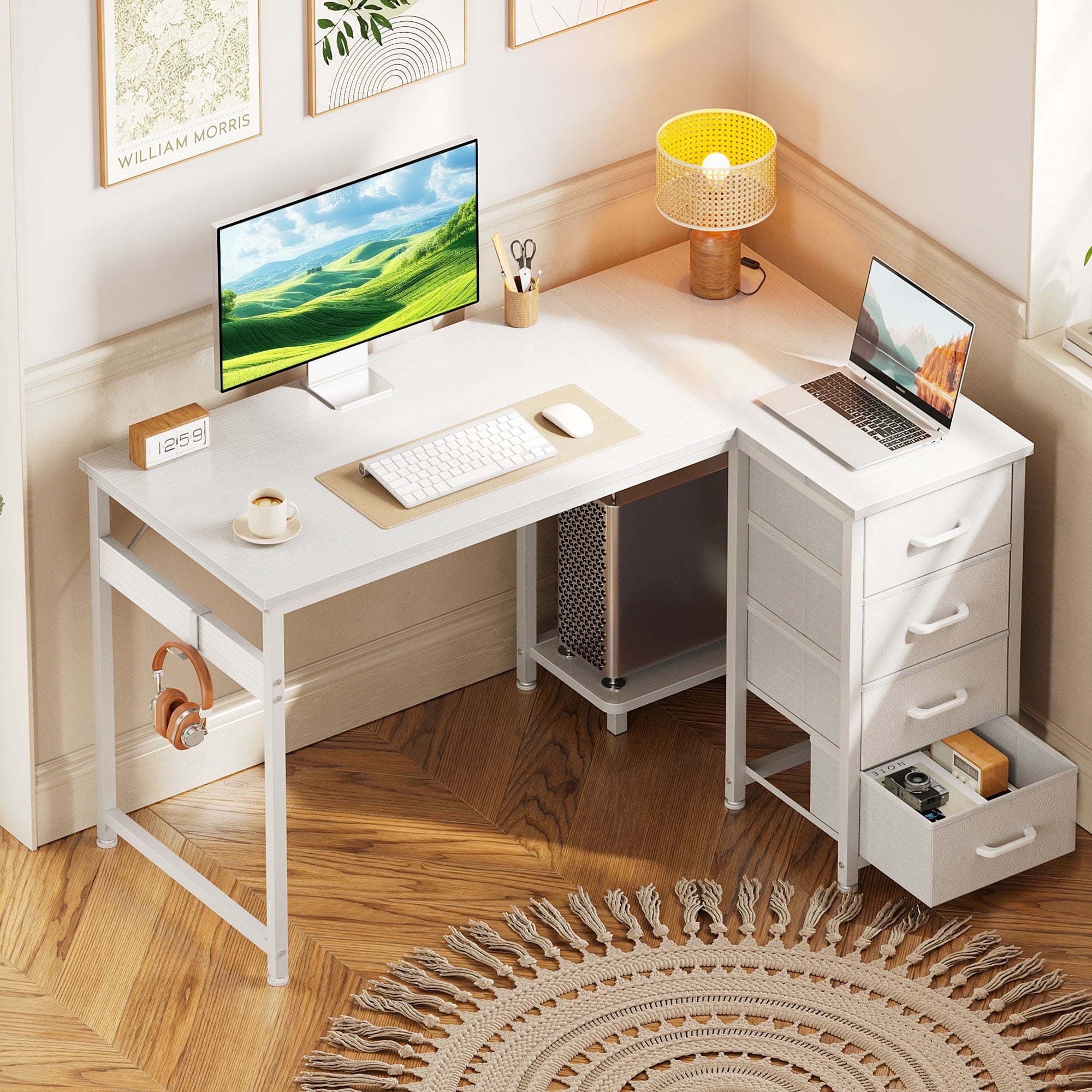 Sofanext 48 Inch L-Shaped Computer Desk with 4 Fabric Drawers, Dedicat ...