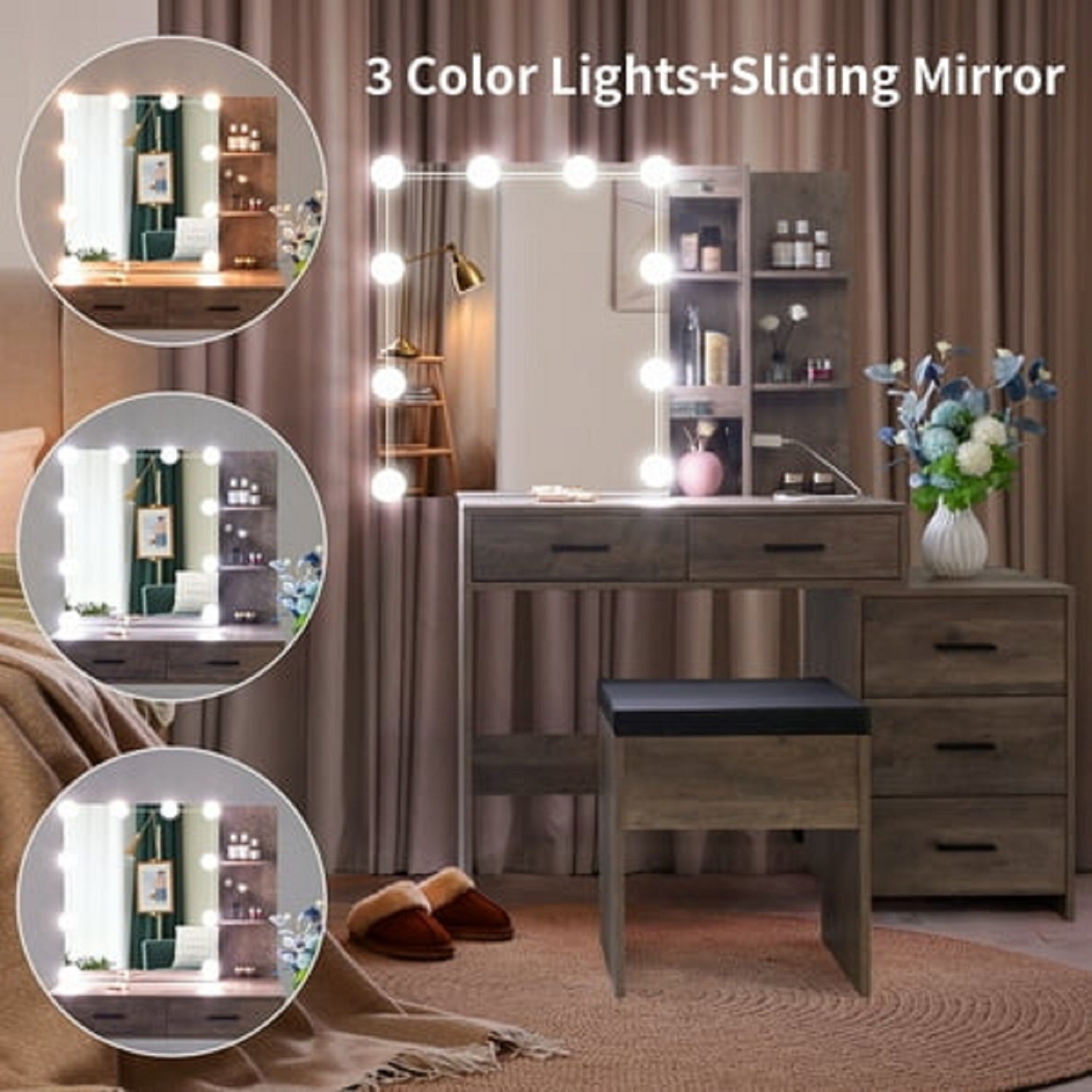 Ktaxon Vanity Set with 3 Color Lighted Mirror & Charging Station Makeu ...