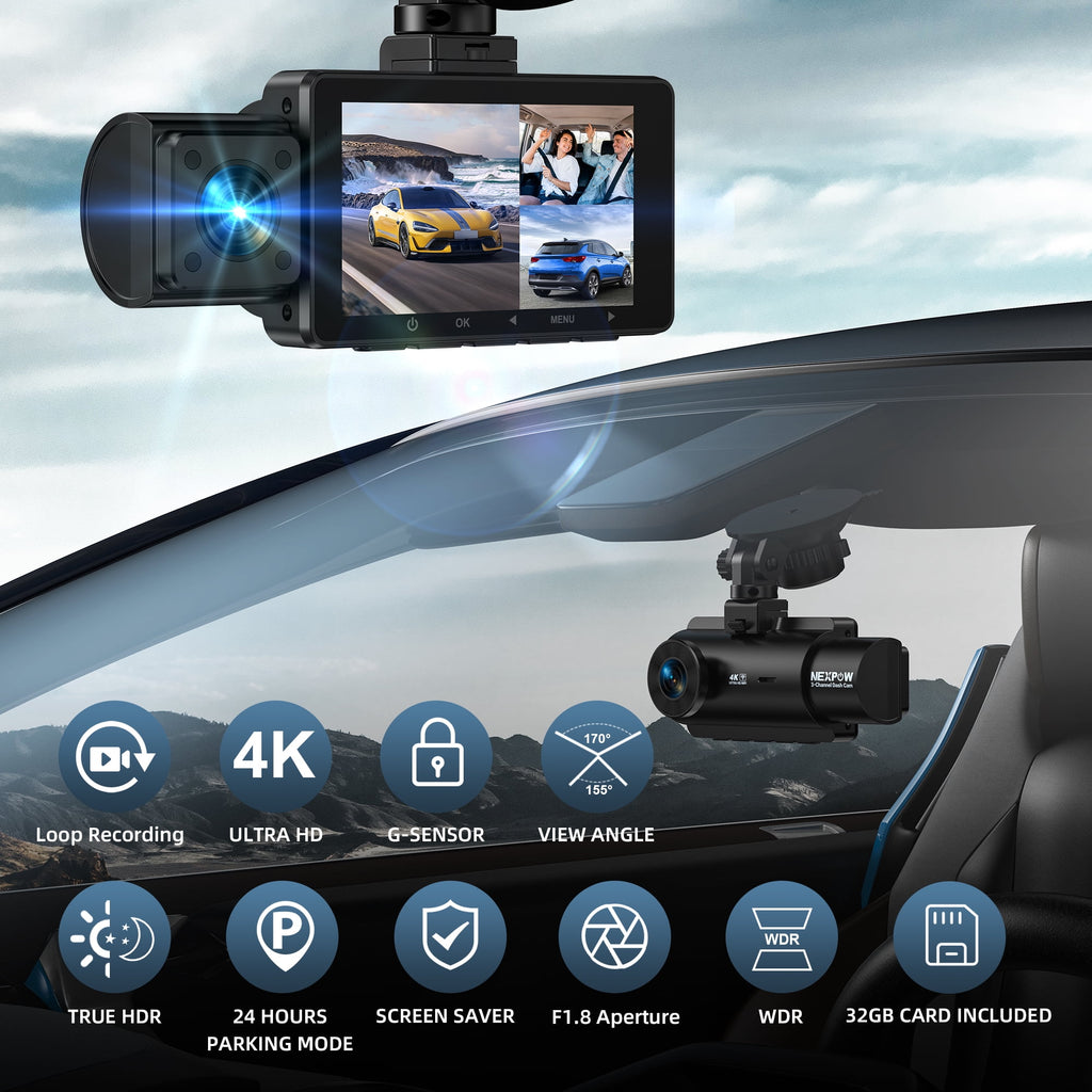 NEXPOW J08 3-Channel 4K WiFi Dash Cam, Front Rear Cabin 4K+1080P+1080P ...
