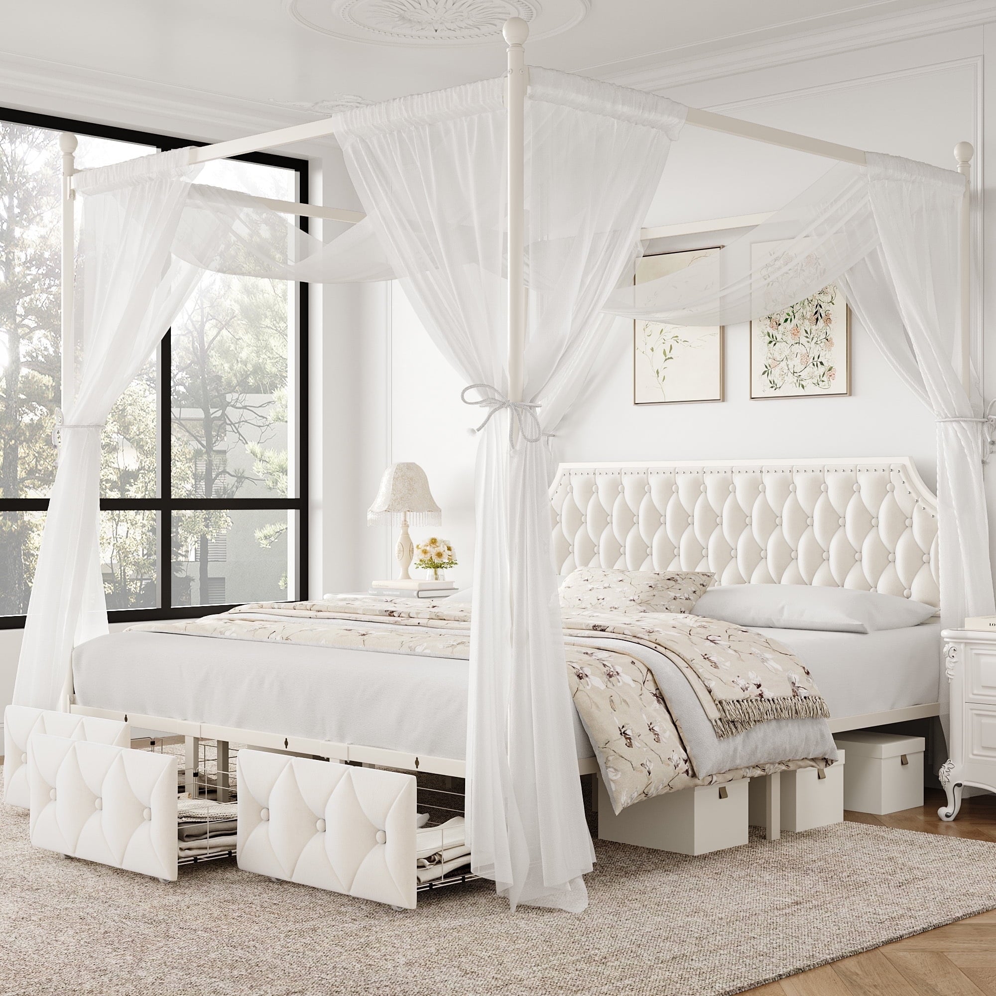 Homfa King Size Removable Canopy Bed Frame with 3 Storage Drawers, But ...
