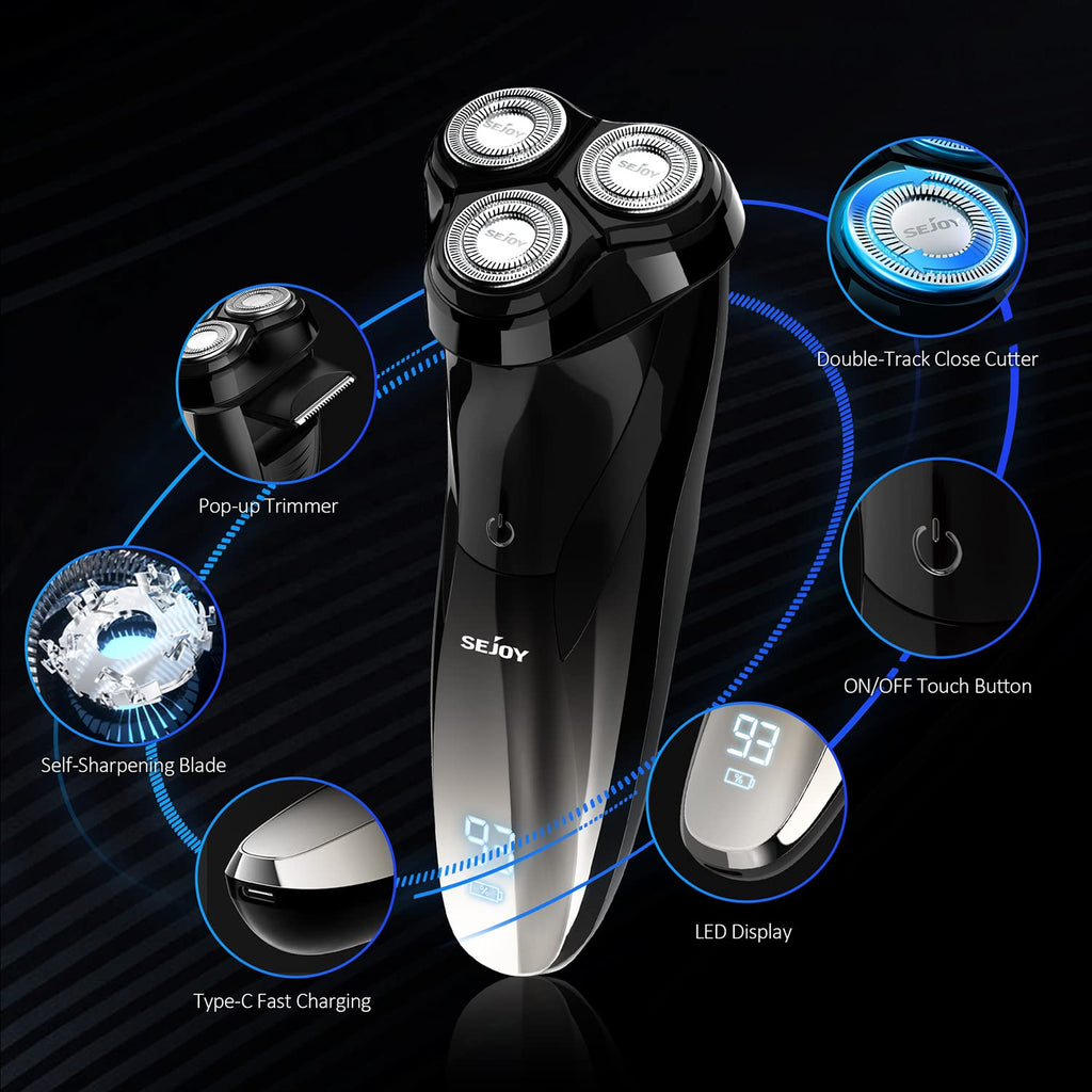 Sejoy Electric Razor for Men, 3D Rotating Heads, Pop-Up Trimmer, IPX7 ...