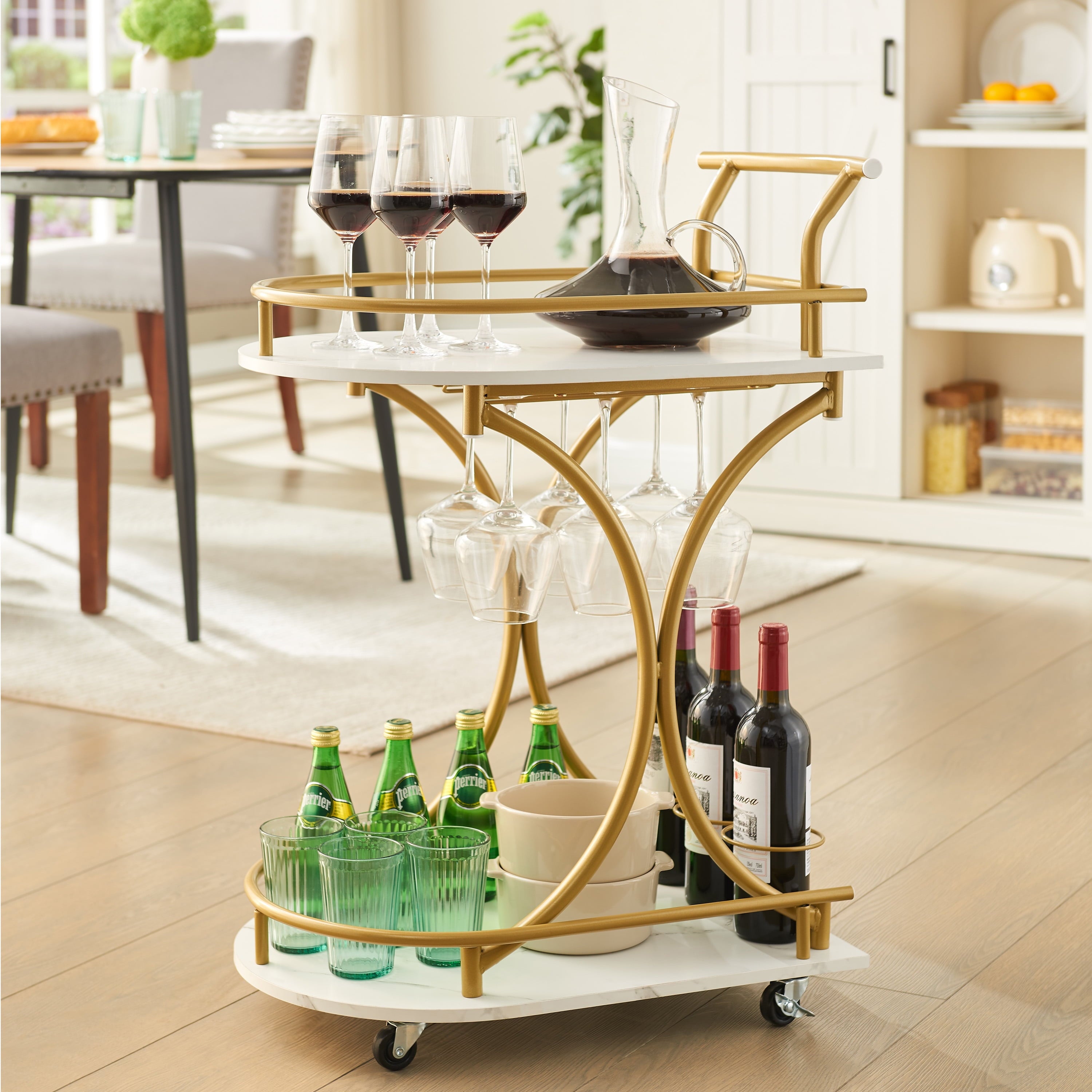 JRHRXXY HRJJ23669 2-Tier Bar Cart with Gold Metal Frame, Wood Shelves ...