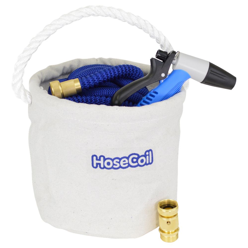 Hosecoil Canvas Bucket Kit with 75' Expandable Hose, Rubber-Tip Nozzle ...