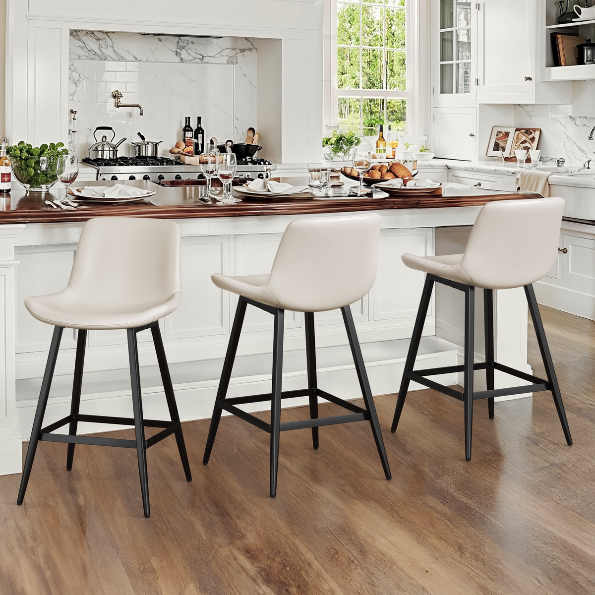 DYCANPO Modern Faux Leather Counter Height Bar Stools Set of 3 Antique ...