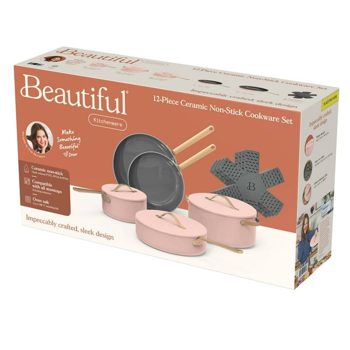 Beautiful by Drew Barrymore 12pc Ceramic Non-Stick Cookware Set, Rose ...