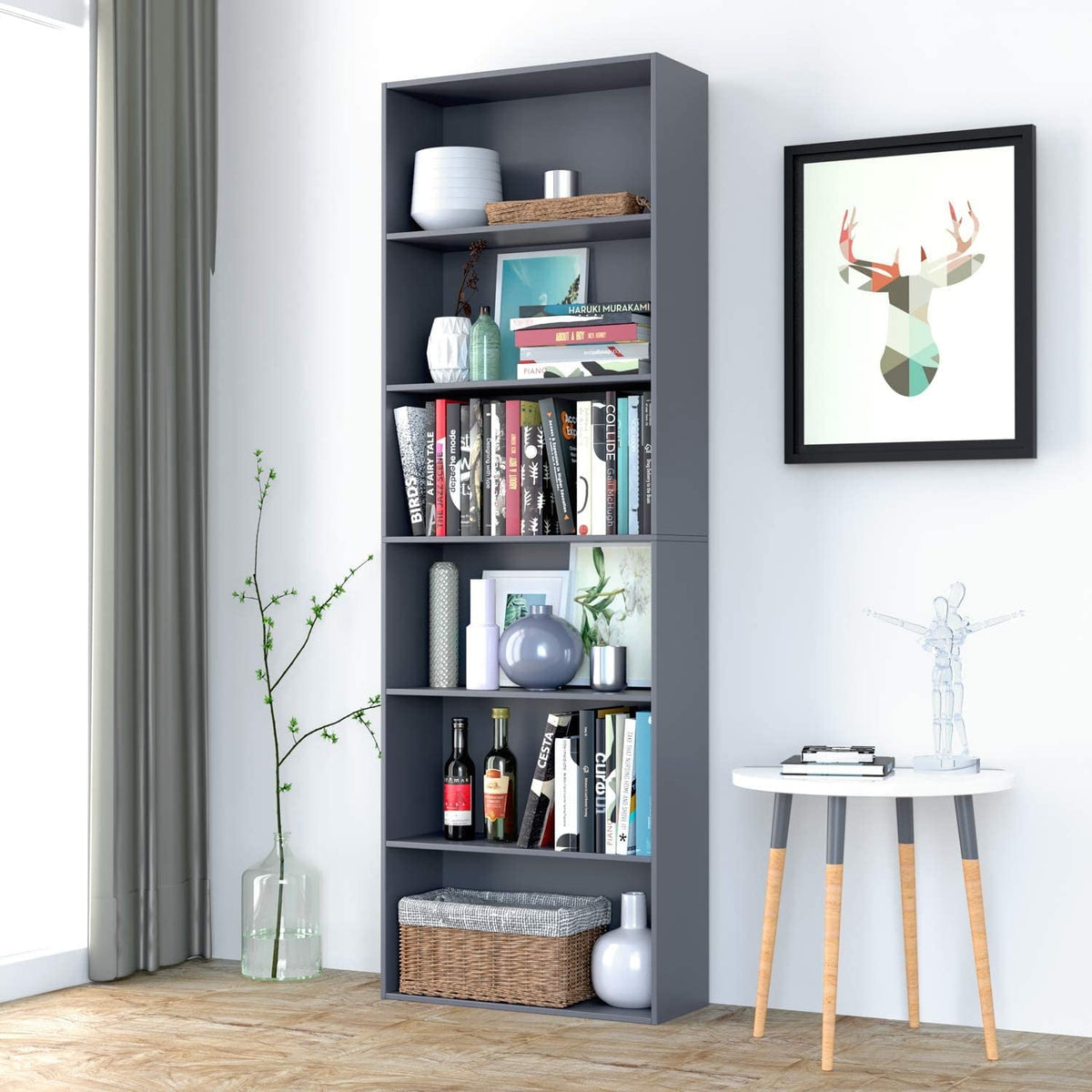 Homfa HPB-126 6-Tier Gray Bookshelf 70.8" Tall Bookcase Wood Shelving ...