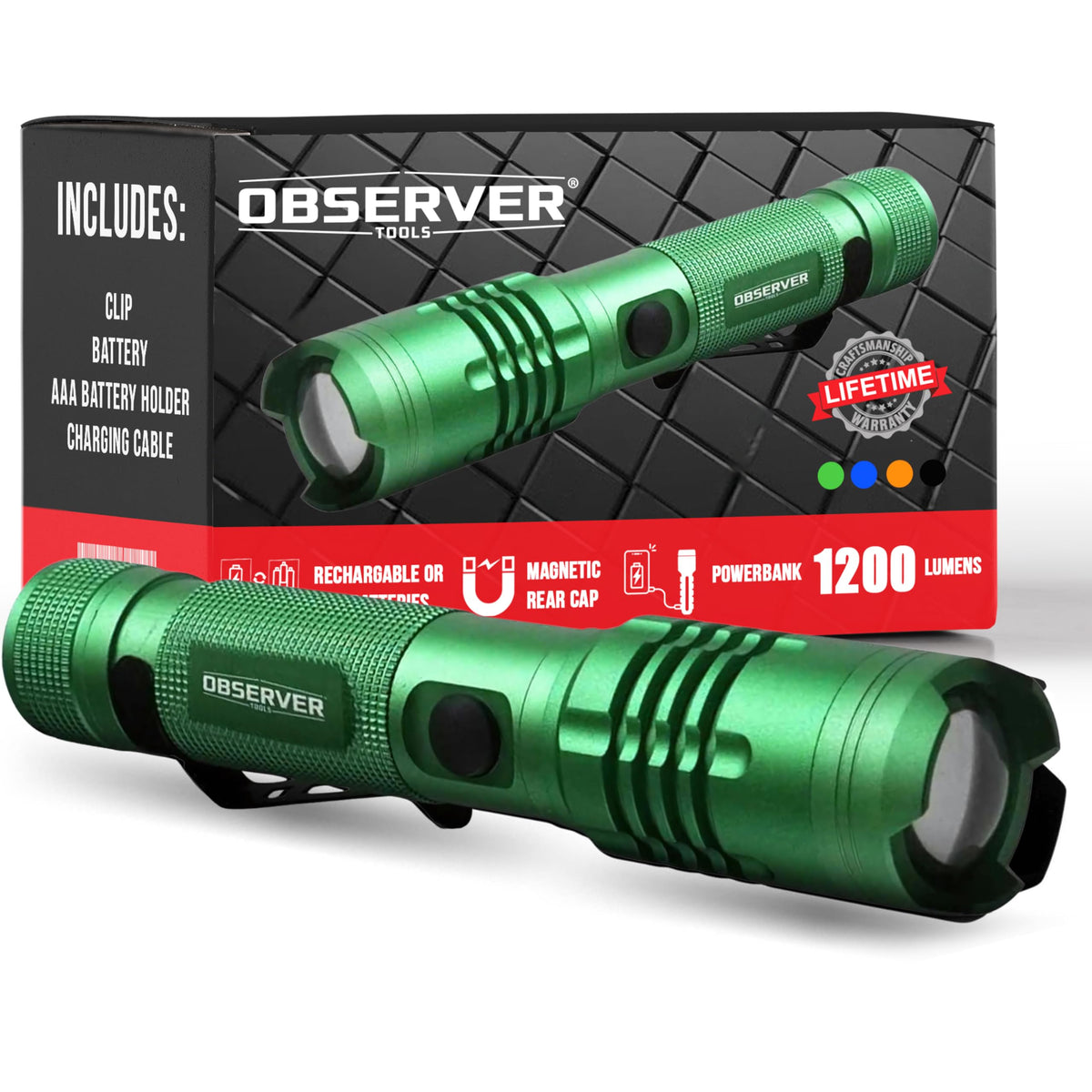 Observer Tools Rechargeable LED Flashlight, 1200 Lumens, Power Bank, D ...